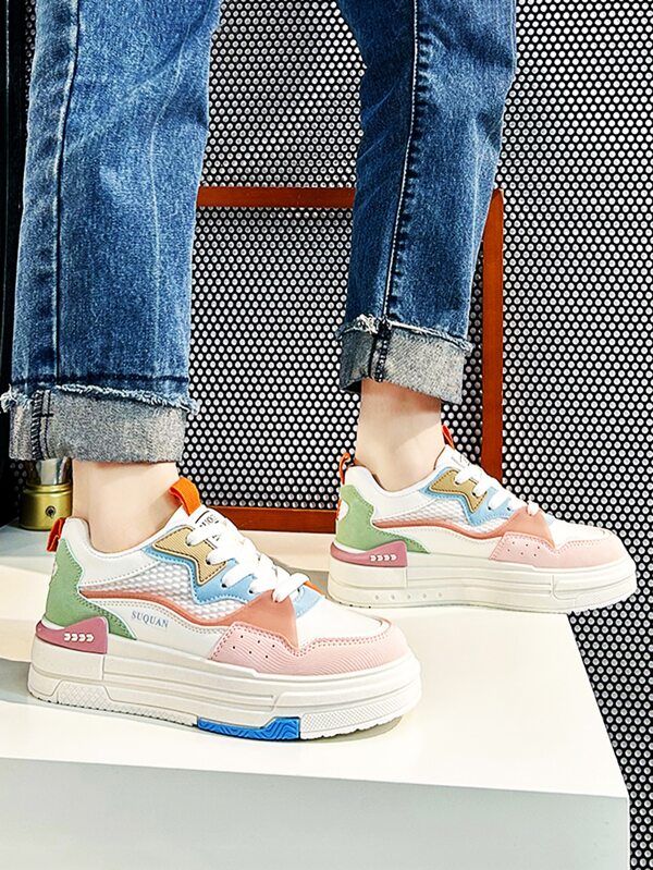 Women Color Block Lace-up Front Casual Shoes, Sporty Outdoor Multi ...