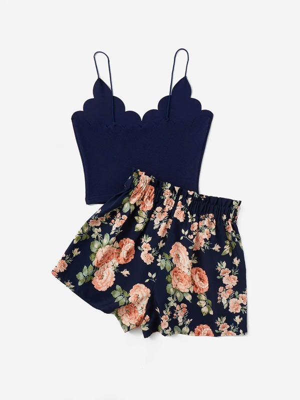 Shein Vcay Scallop Trim Cami Top And Floral Print Paperbag Waist Belted