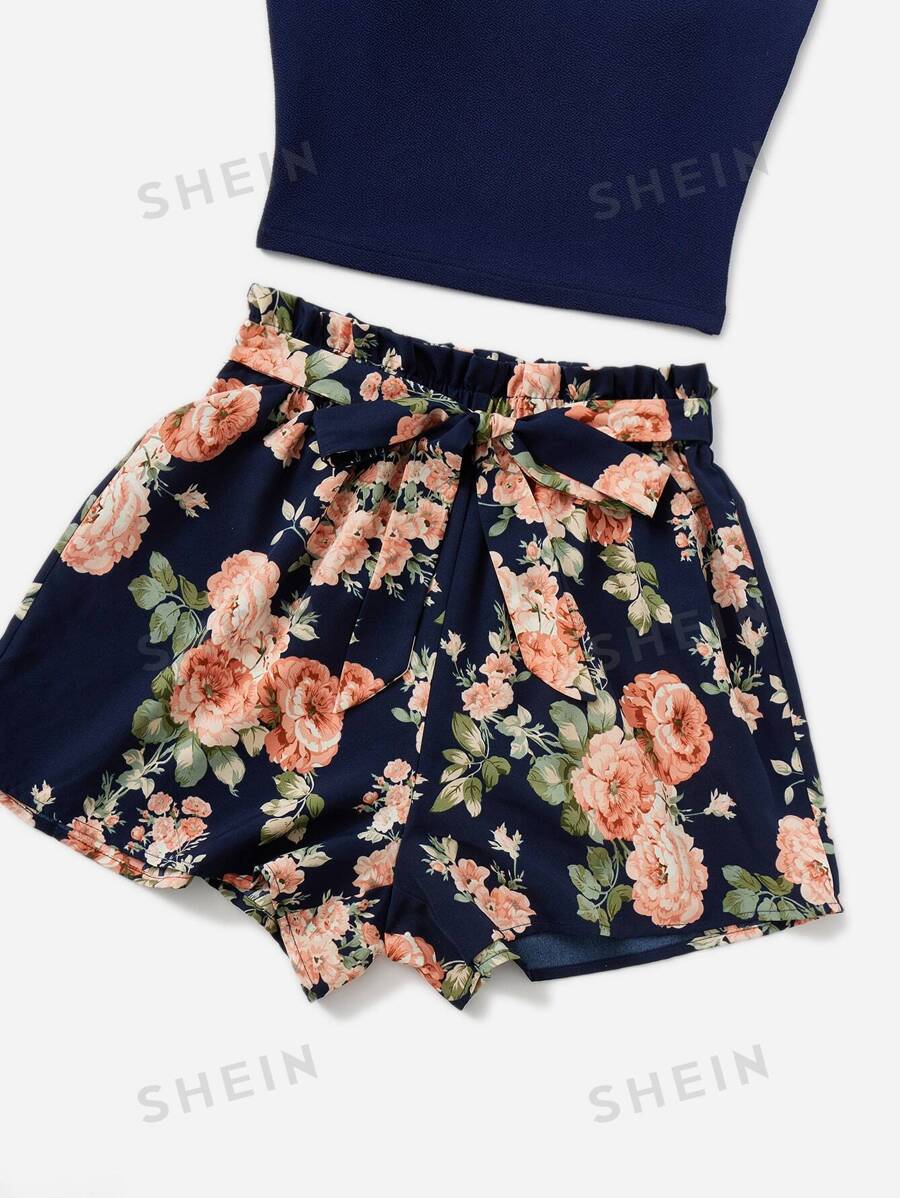 Shein Vcay Solid Scallop Trim Cropped Cami Top And Floral Print Waist