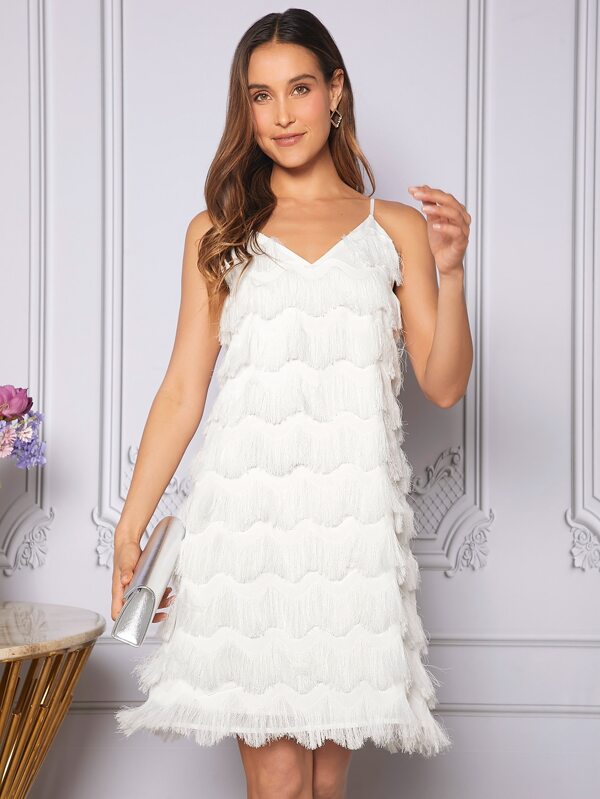 SHEIN Privé Solid Fringe Trim Cami Dress | SHEIN USA