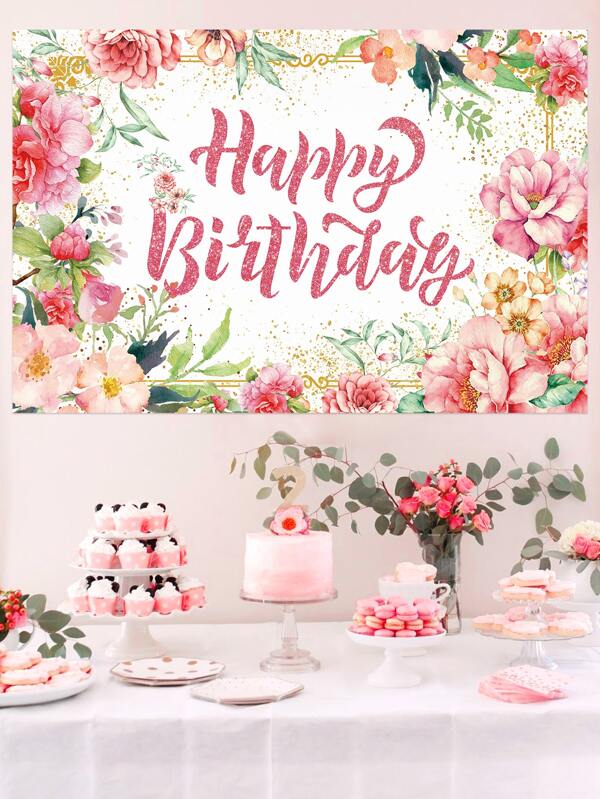 Flower Print Birthday Party Backdrop, Polyester Decoration Banner ...