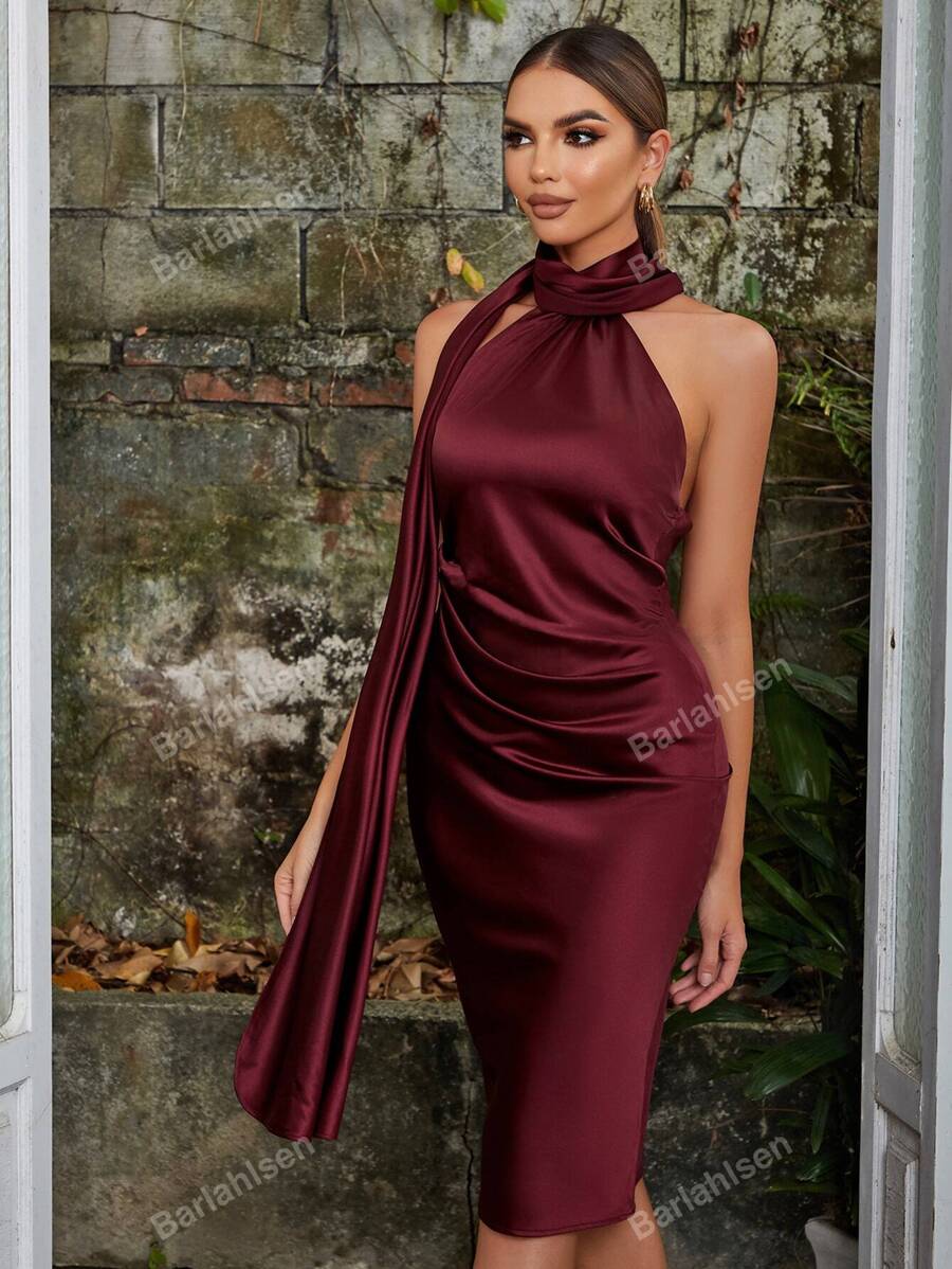 Draped Detail Halter Neck Backless Satin Bodycon Dress | SHEIN EUQS