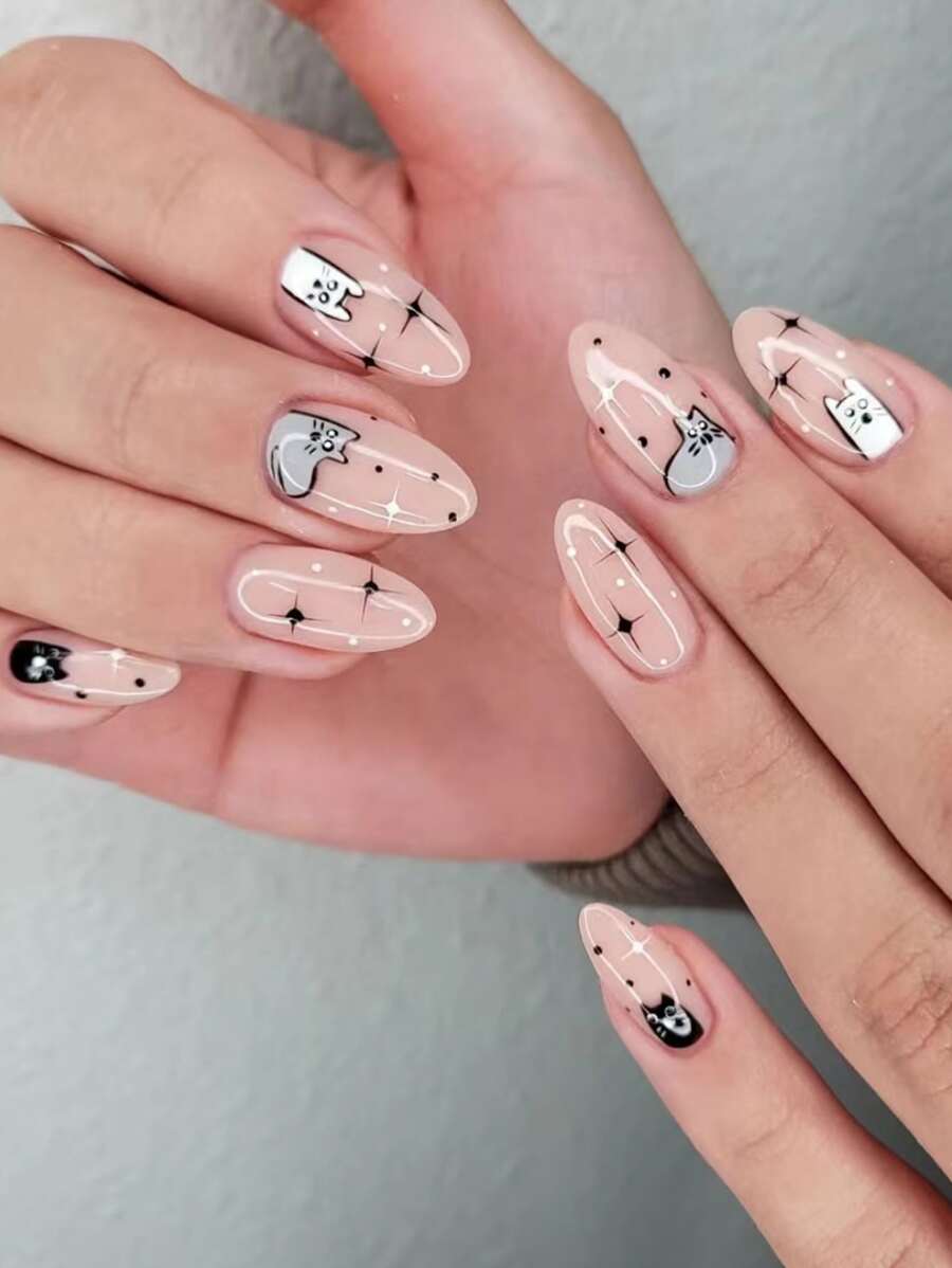 Transform Your Nails with 24pcs Long Almond Cat Pattern Fake Nail & 1pc ... Transform Your Nails with 24pcs Long Almond Cat Pattern Fake Nail & 1pc ...