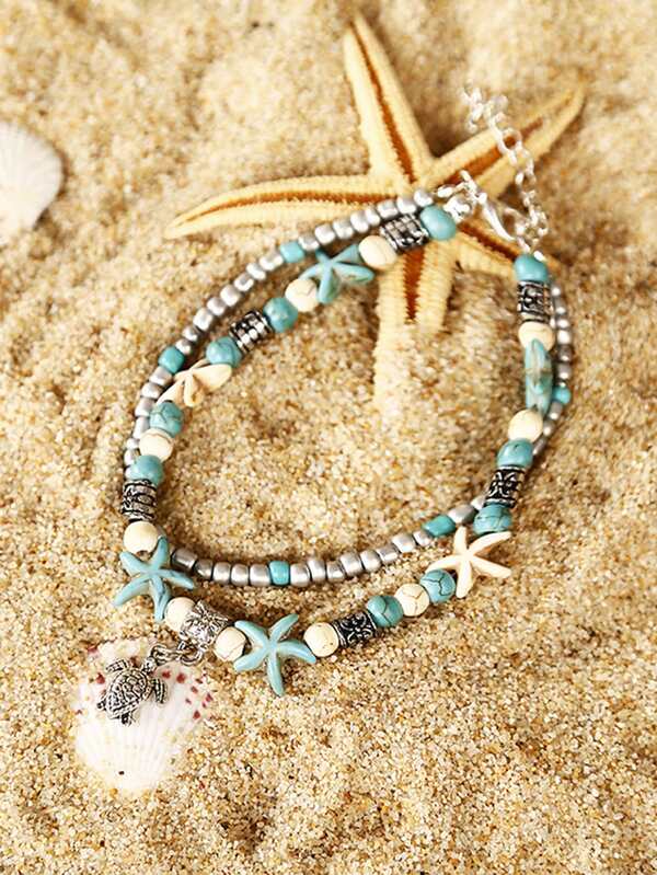 1pc Boho Starfish & Sea Turtle Decor Beaded Anklet For Women For Beach ...