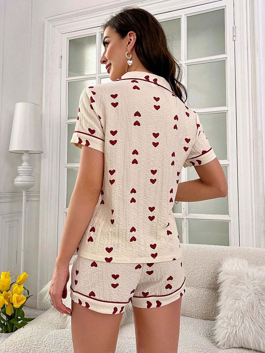 Heart Print Contrast Piping PJ Set | SHEIN UK