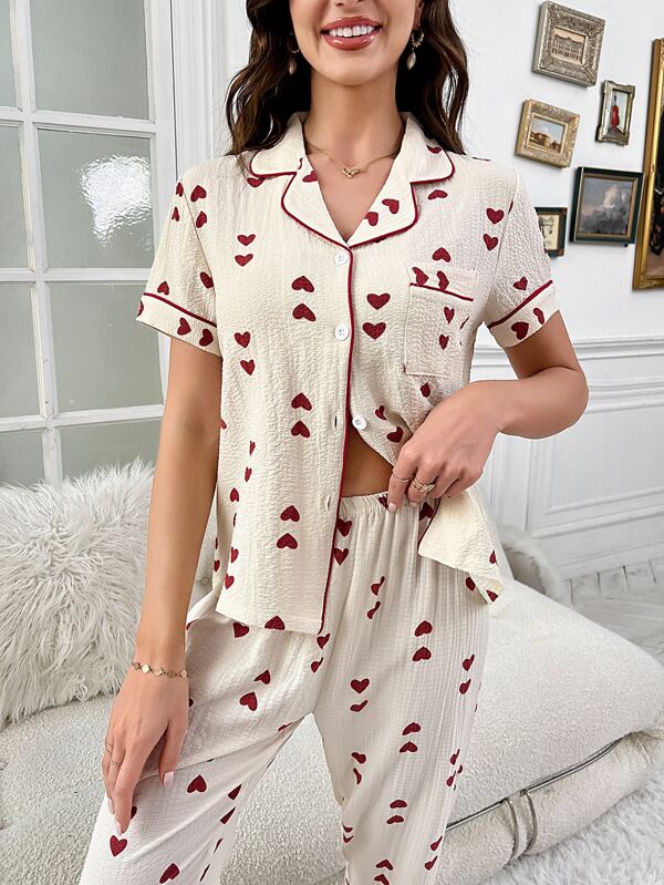 Heart Print Contrast Piping PJ Set | SHEIN USA