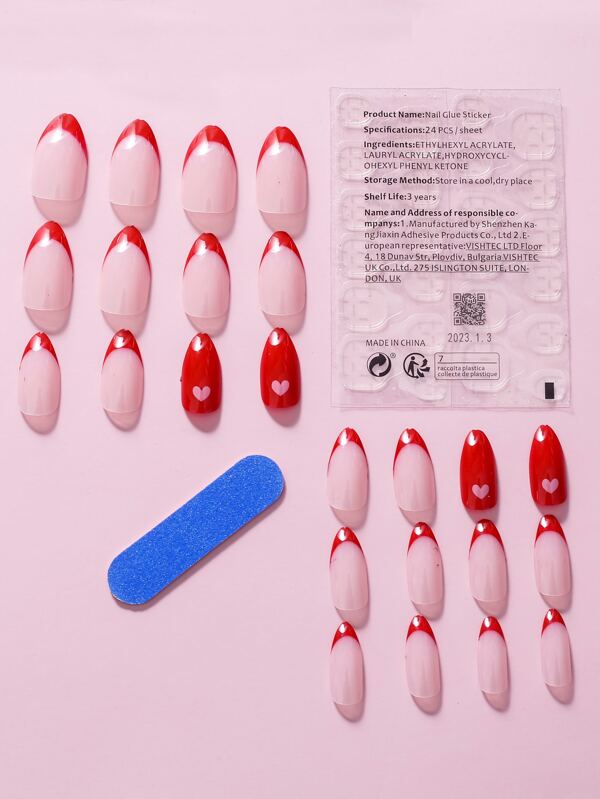 Transform Your Nails with 24pcs Long Almond Red French Heart Print Fake ... Transform Your Nails with 24pcs Long Almond Red French Heart Print Fake ...