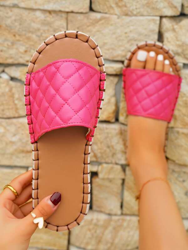 Women Quilted Single Band Flat Sandals, Vacation Hot Pink Slide Sandals ...