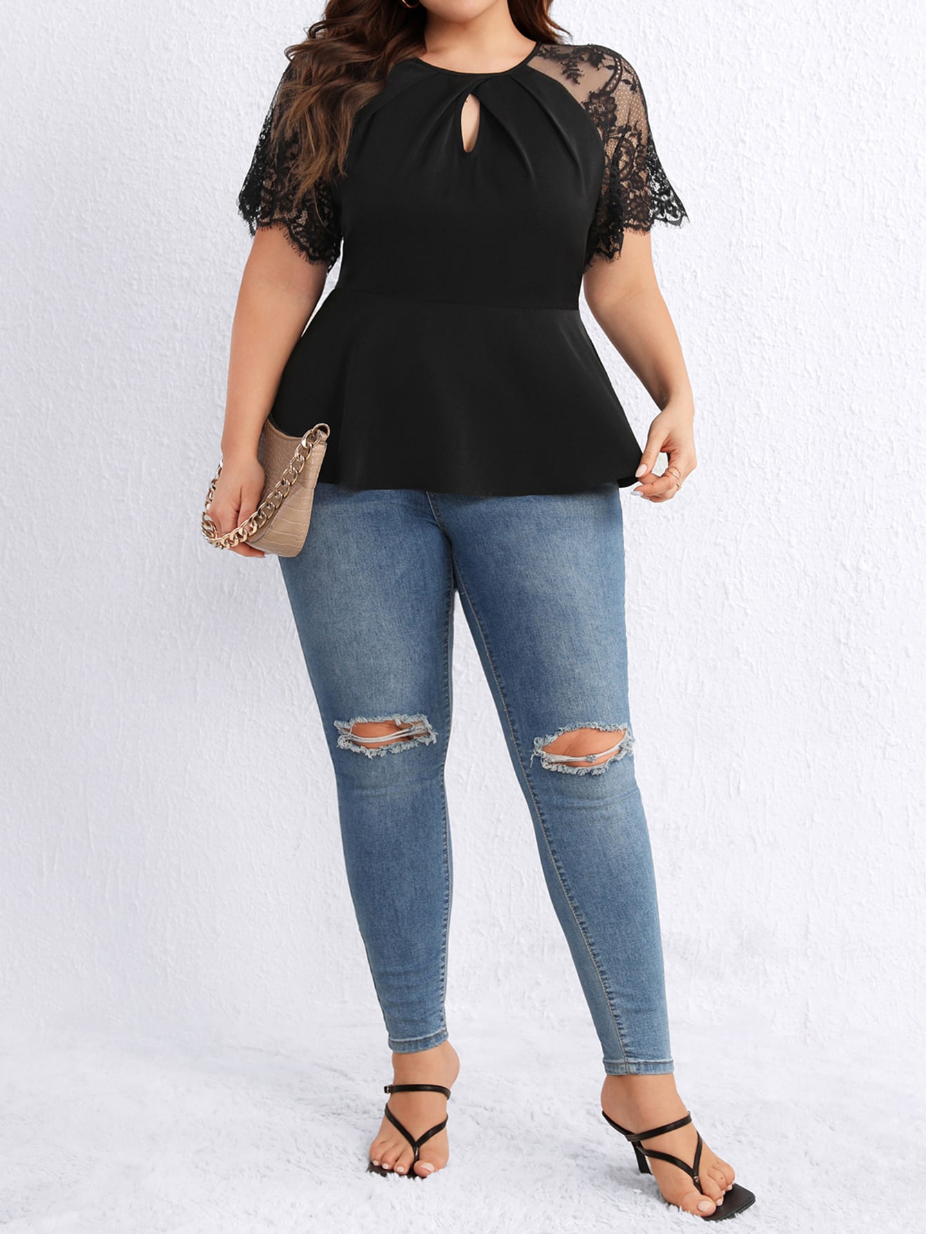 SHEIN Privé Blusa peplum con encaje en contraste de cuello con abertura de ojo | Moda de Mujer ...