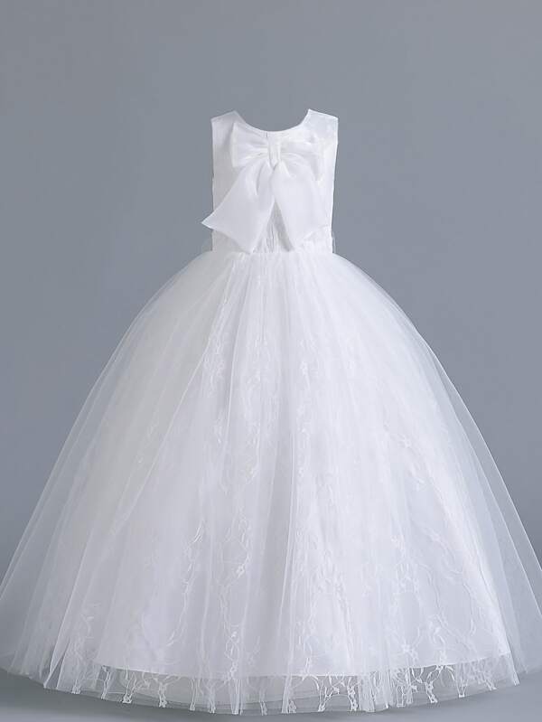 Tween Girls' Cute Long Dress With Bowknot, Sleeveless, White Bridesmaid ...