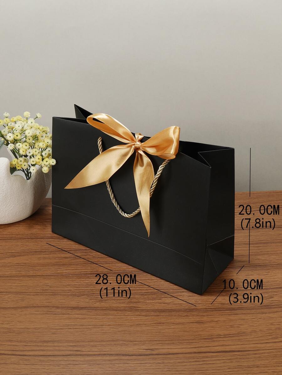 1pc Bow Decor Gift Bag, Simple Black Paper Gift Wrapping Bag For ...