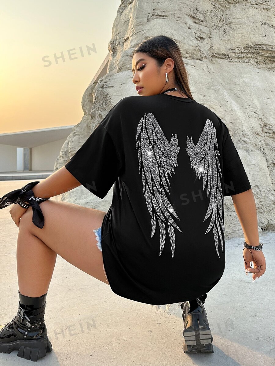 SHEIN CURVE+ Plus Size Wing Rhinestone Decor T-Shirt | SHEIN USA