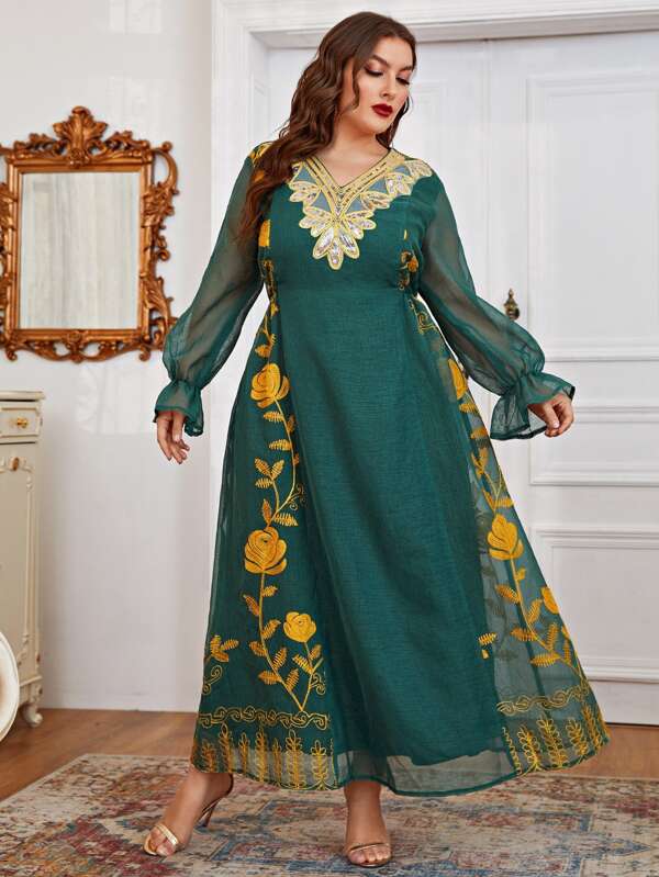 Shein Najma Plus Floral Embroidery Flounce Sleeve Mesh Overlay Dress