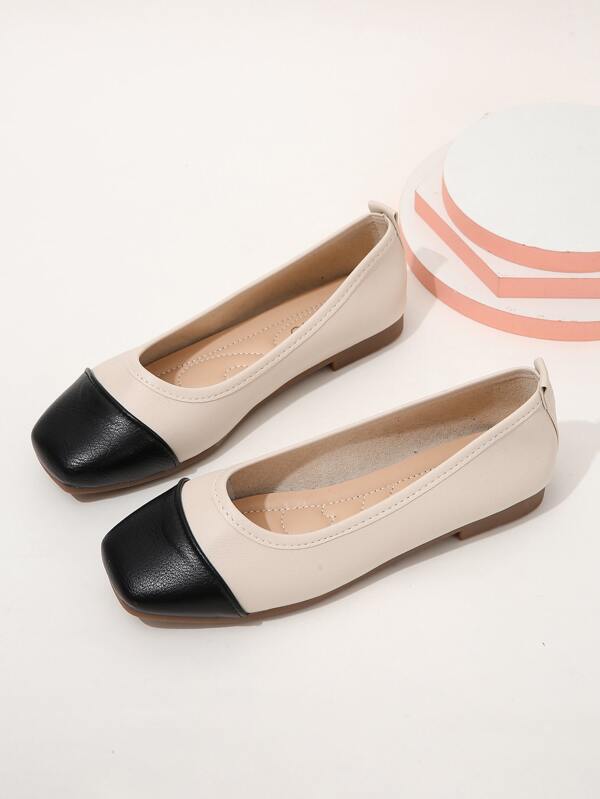 Women Two Tone Square Toe Ballet Flats, Elegant Black And Beige Flat ...