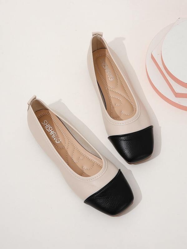 Women Two Tone Square Toe Ballet Flats, Elegant Black And Beige Flat ...