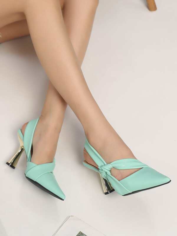Women Knot Detail Point Toe Sculptural Heeled Pumps, Fashionable Mint Blue Slingback Pumps For ...