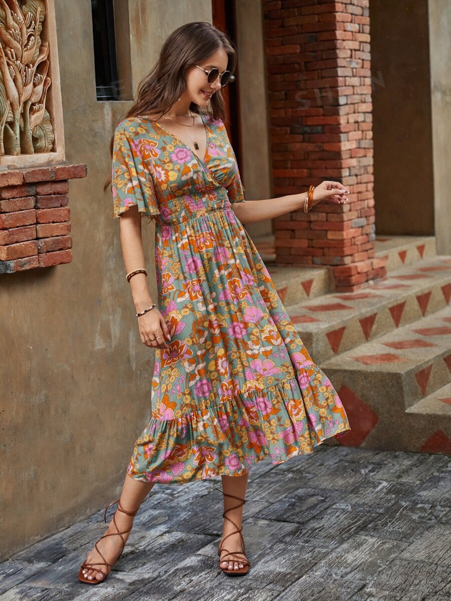 SHEIN Clasi Women Overlapping V-Neck Ruffle Short Sleeve Elegant ...