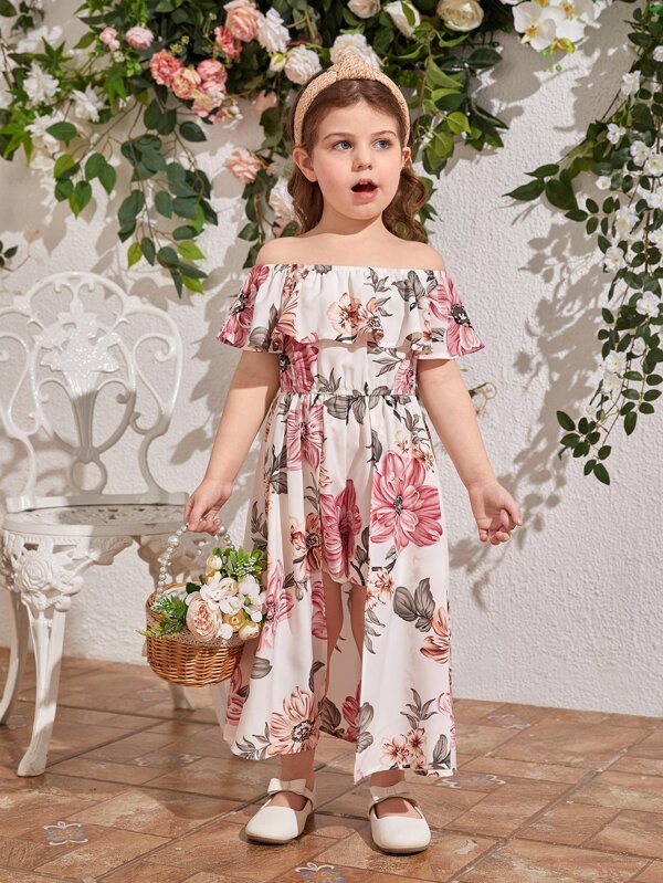 SHEIN Kids Nujoom Toddler Girls Floral Print Off Shoulder Ruffle Trim ...