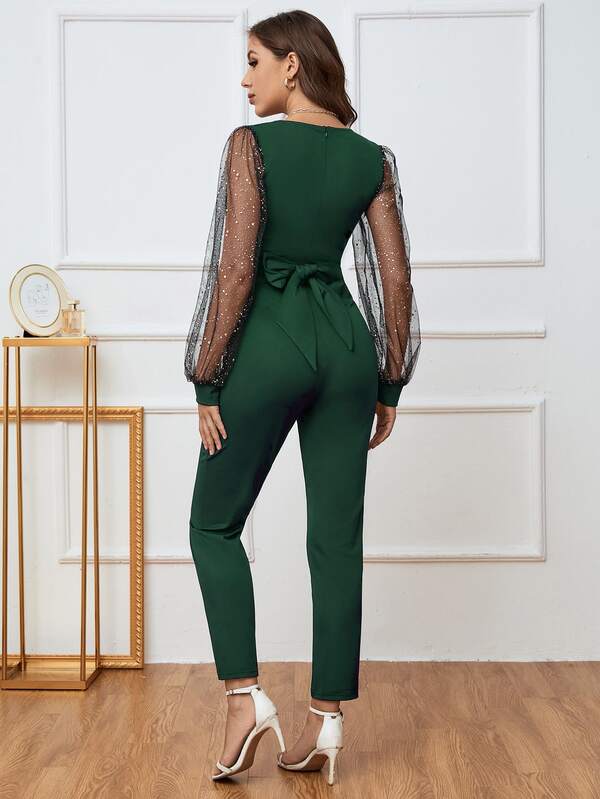 SHEIN Privé Contrast Sequin Mesh Lantern Sleeve Jumpsuit | SHEIN USA