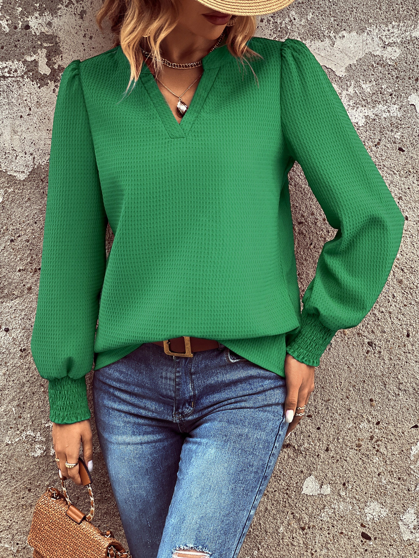 Shein Lune Notched Neckline Lantern Sleeve Blouse Shein Uk