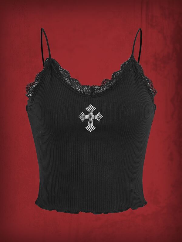 Grunge Punk Contrast Lace Lettuce Trim Cami Top | SHEIN USA