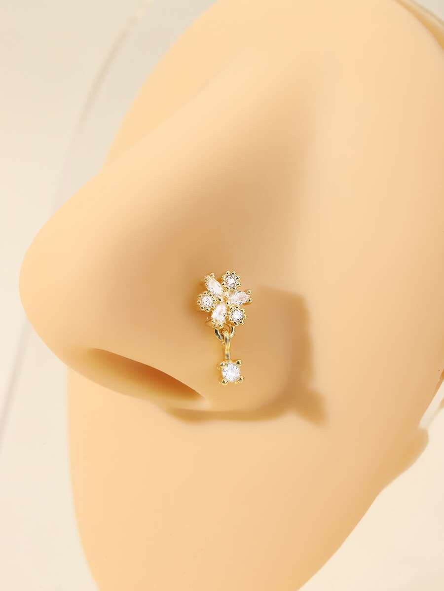 1pc Fashion Stainless Steel Flower Shape 6-Stone Cubic Zirconia Nose ...