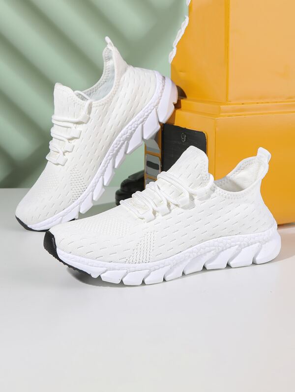 Men Lace Up Front Sneakers, Sporty White Fabric Running Shoes For ...