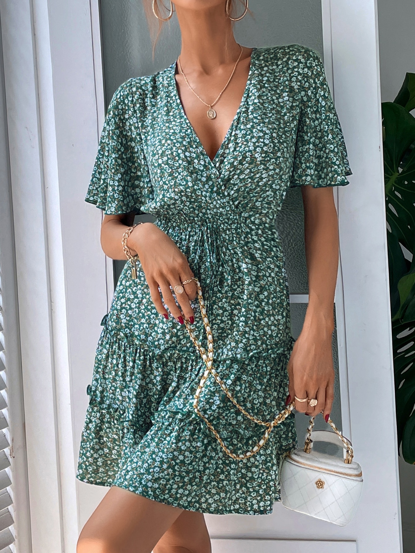 SHEIN VCAY Ditsy Floral Print Butterfly Sleeve Frill Trim Tie Front Ruffle Hem Dress | SHEIN USA