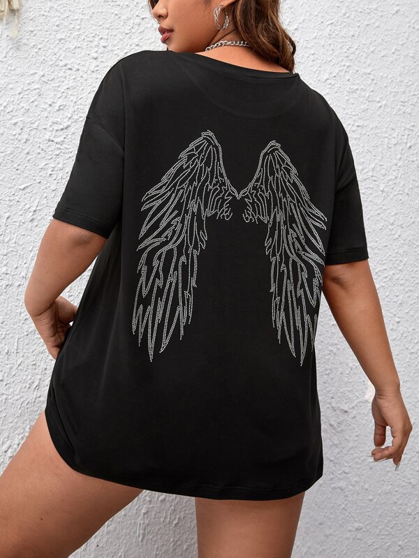 SHEIN EZwear Plus Rhinestone Wings Print Drop Shoulder Tee | SHEIN USA