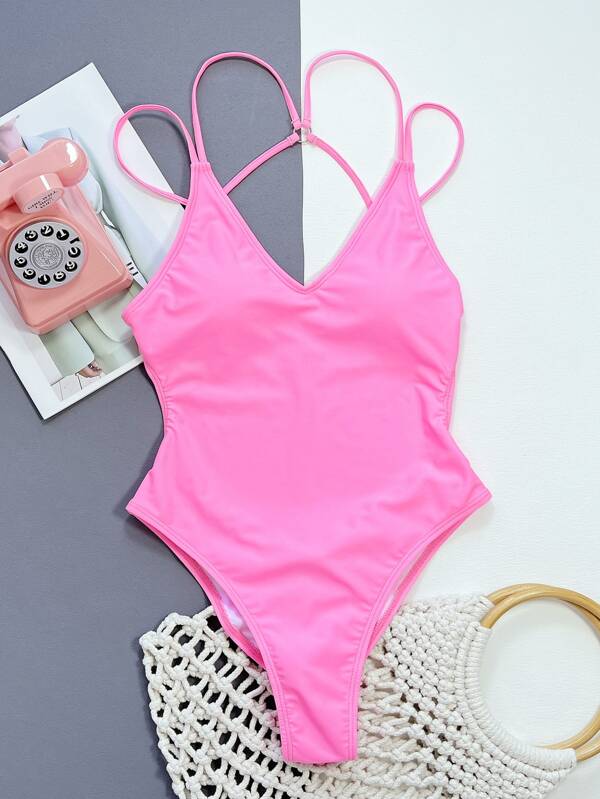 Ring Linked Cut Out Backless Ruched One Piece Swimsuit Shein Usa