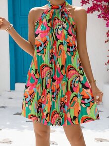 SHEIN VCAY Allover Print Tie Back Halter Dress | SHEIN USA