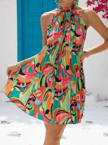 SHEIN VCAY Allover Print Tie Back Halter Dress | SHEIN USA