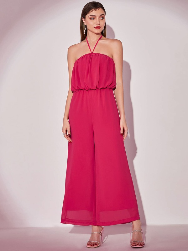 Shein Modely Solid Wide Leg Halter Jumpsuit With Cloak Sleeve Kimono