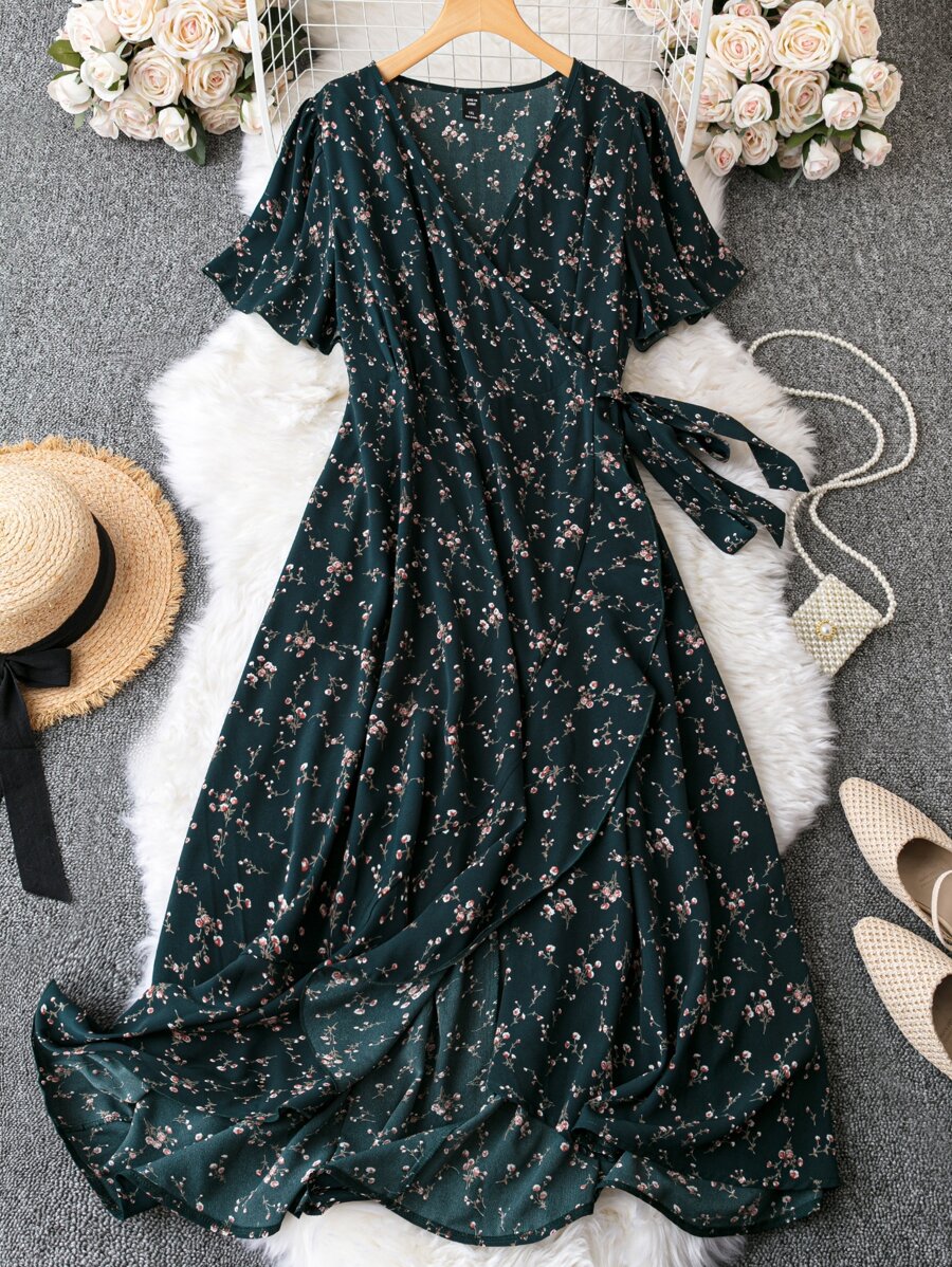 Breezaya Plus Size Boho Ditsy Floral Print Butterfly Sleeve Belted Dress Maxi Women Outfit ...