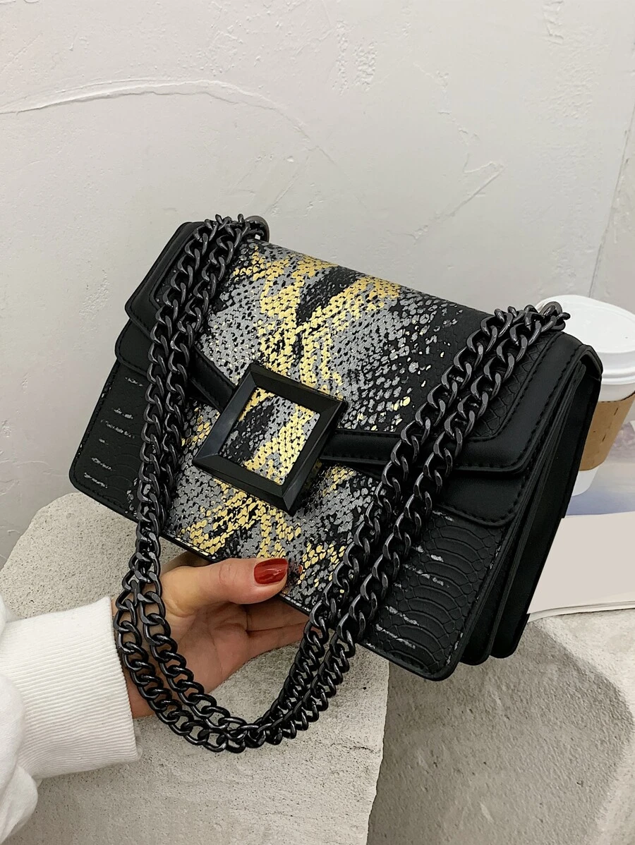 Small Snakeskin Embossed Chain Strap Elegant Crossbody Square Bag ...