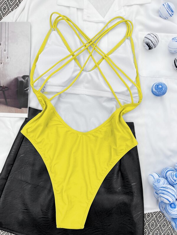 Shein Swim Sxy Criss Cross Backless High Cut One Piece Swimsuit Shein Usa