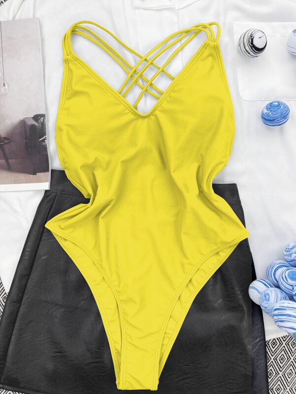 Shein Swim Sxy Criss Cross Backless High Cut One Piece Swimsuit Shein Usa
