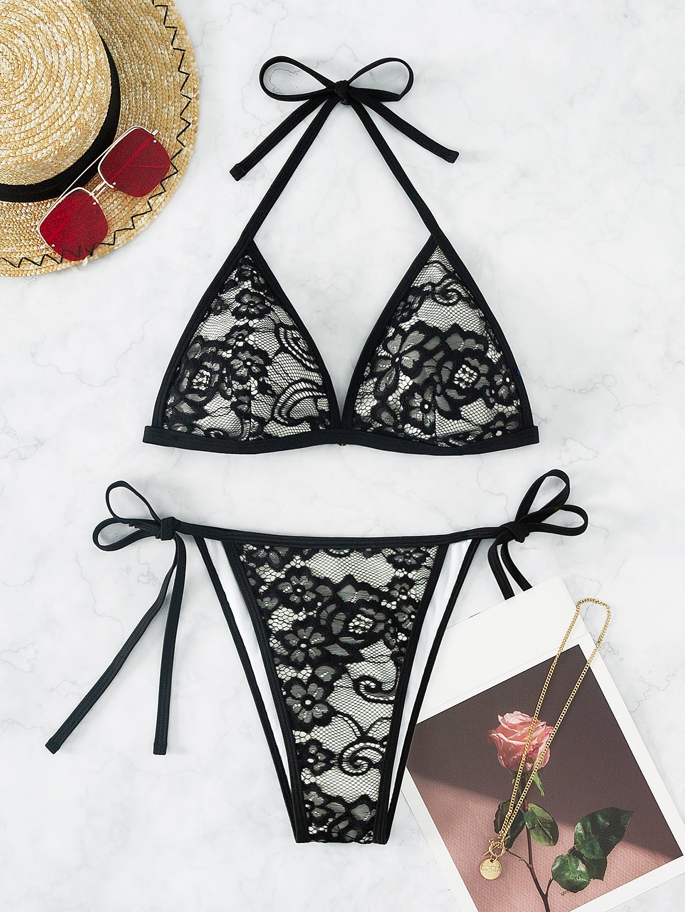 Floral Lace Halter Triangle Tie Side Bikini Swimsuit Shein Usa
