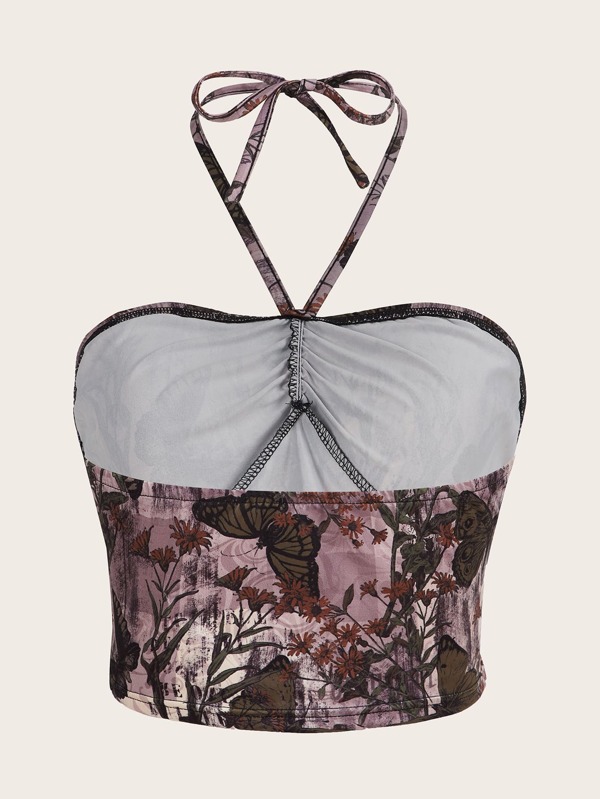 ROMWE Goth Butterfly Print Ruched Halter Top | SHEIN UK