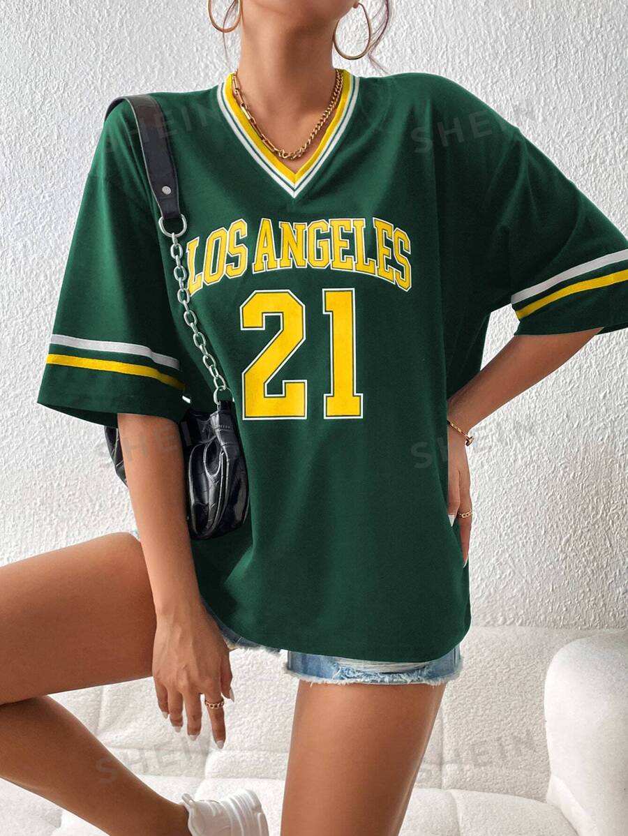 SHEIN EZwear Letter Graphic Striped Trim Drop Shoulder Tee for Sale ...