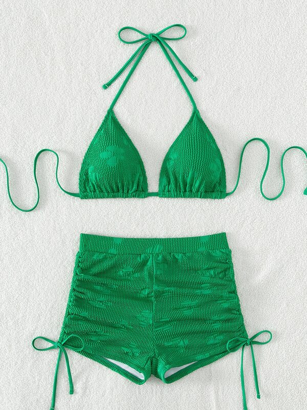 Solid Bikini Set Halter Triangle Bra And High Waisted Boxer Shorts 2