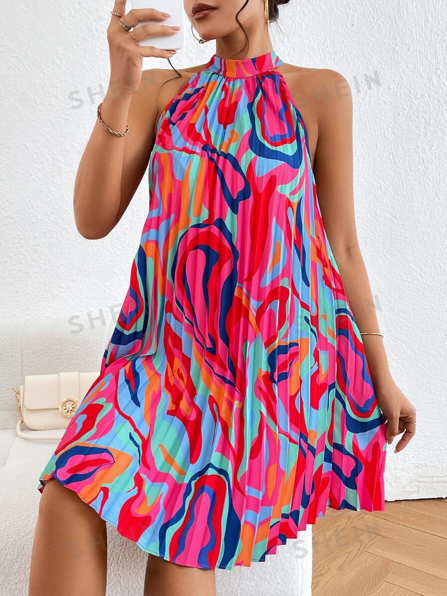 SHEIN Privé Allover Print Tie Back Halter Dress | SHEIN USA