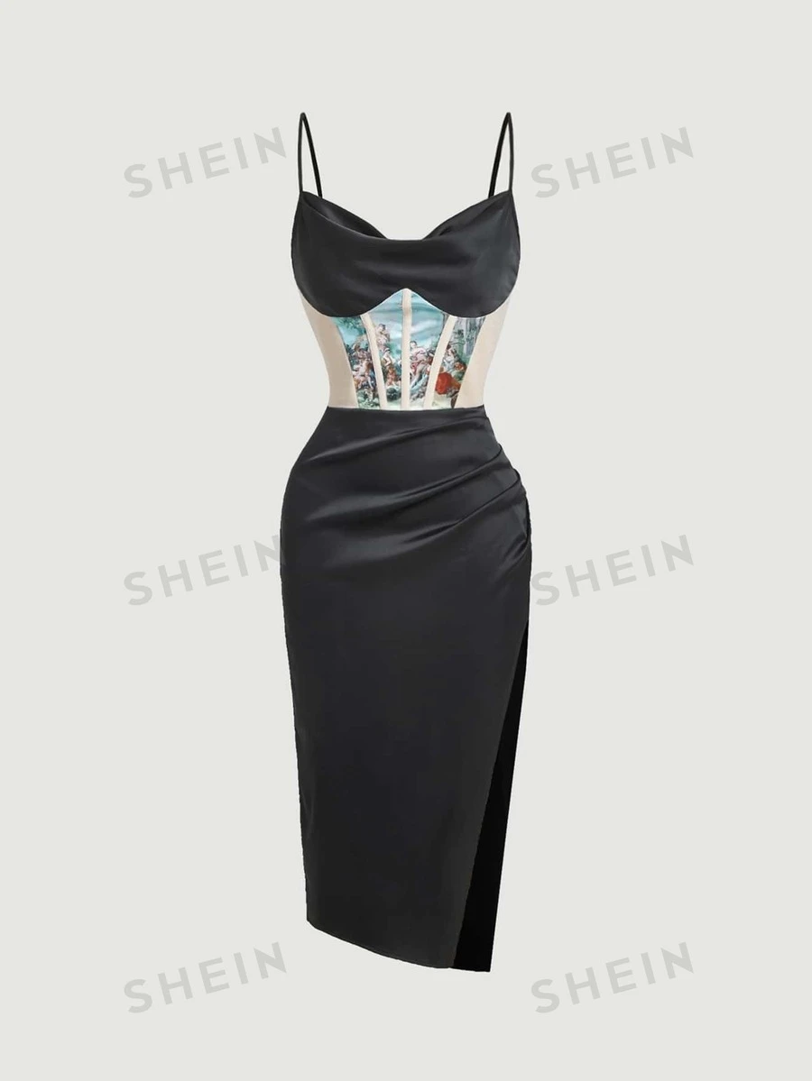 SHEIN MOD Figure Graphic Ruched Split Thigh Cami Dress | SHEIN UK