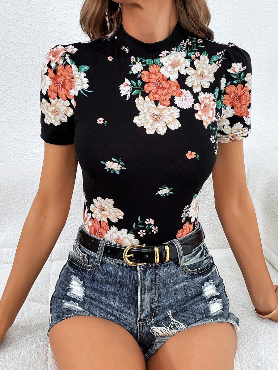 SHEIN Privé Floral Print Mock Neck Tee | SHEIN USA