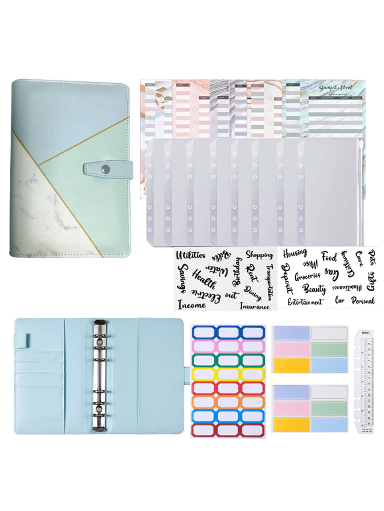 One Set Blue Marble Pattern Spliced A6pu Leather Loose-Leaf Binder With ...