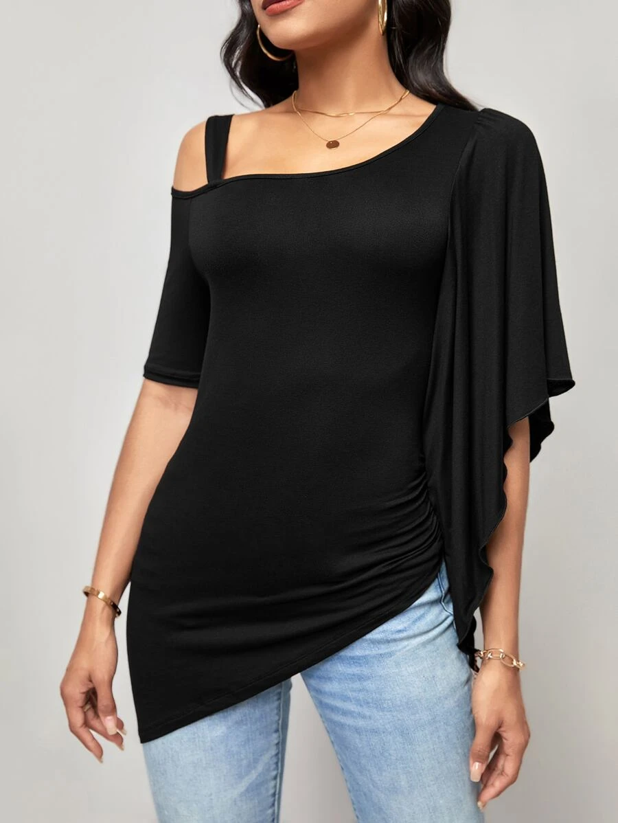 SHEIN Clasi Solid Asymmetrical Neck Ruched Hem Tee | SHEIN USA