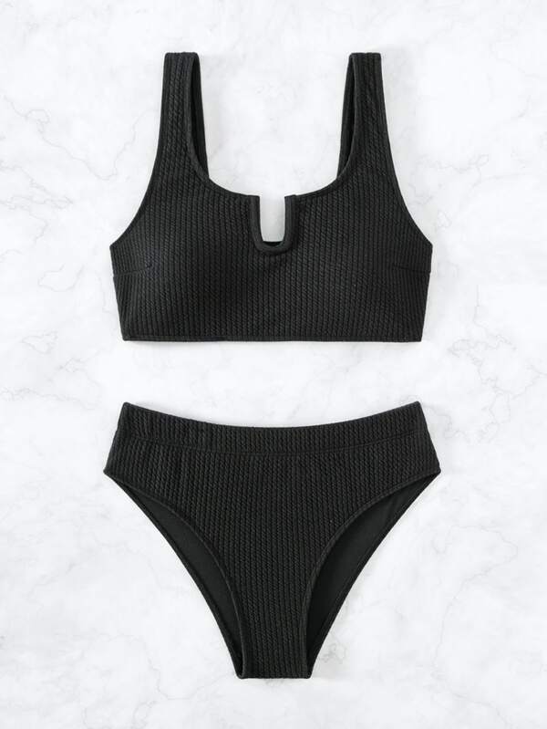 Shein Swim Basics Cable Knit Bikini Set Notched Neck Tank Top And High Waisted Bottom 2 Piece