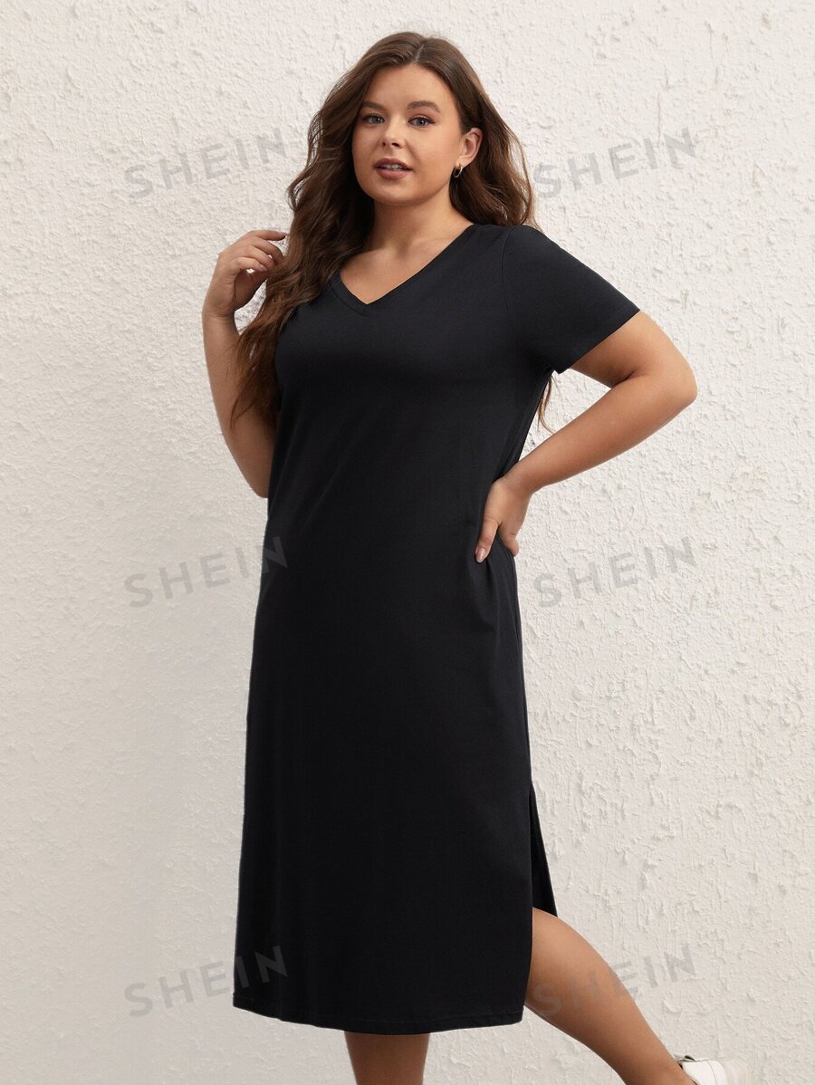 SHEIN BASICS Plus 100% Cotton Solid Split Thigh Tee Dress | SHEIN USA