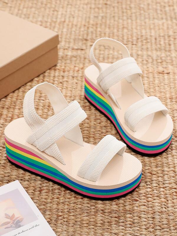 Women Rainbow Striped Pattern Sandals, Vacation Fabric Slingback Wedge ...