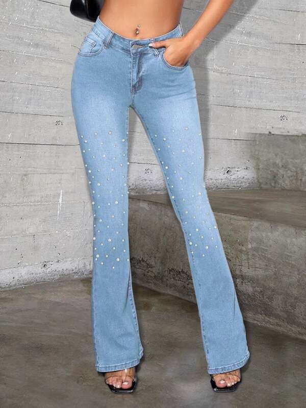 Pearls Beaded Flare Leg Jeans Shein Usa